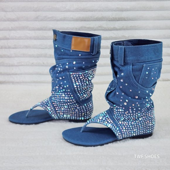 Cape Robbin | Shoes | Perplex Denim Rhinestones Sandal Slouch Boots ...